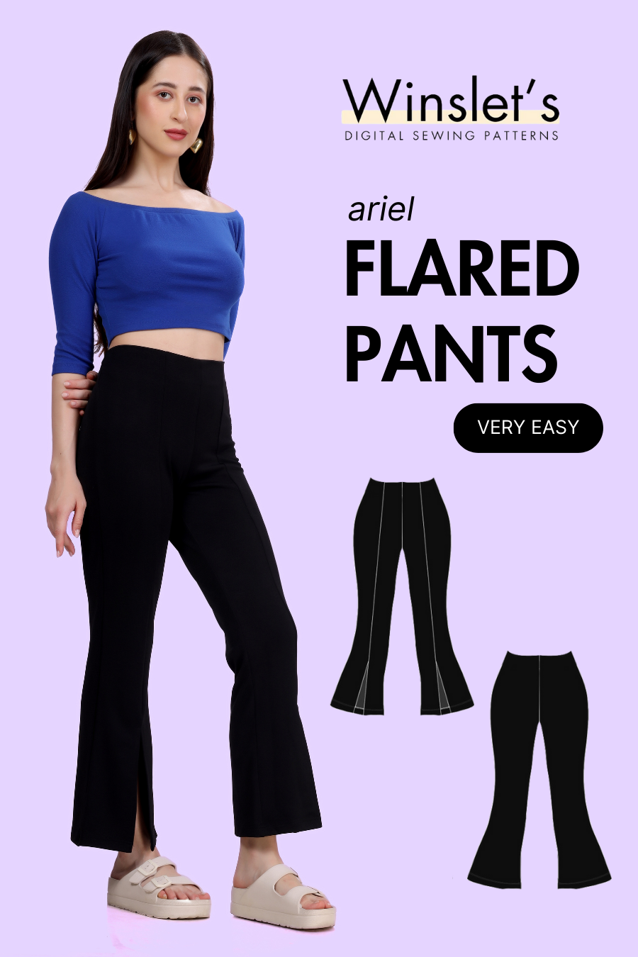 Flared Pants PDF Women's Trousers Sewing Pattern | High Waisted | Front Slit at hem | Knit ...