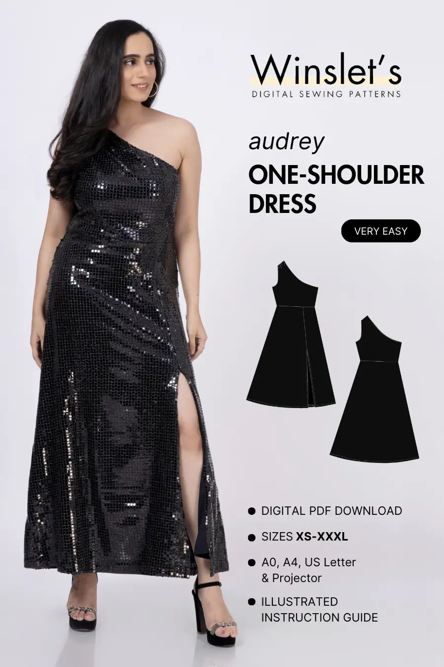 Shop 'Audrey' One Shoulder Dress Pattern at Winslet's Patterns ...