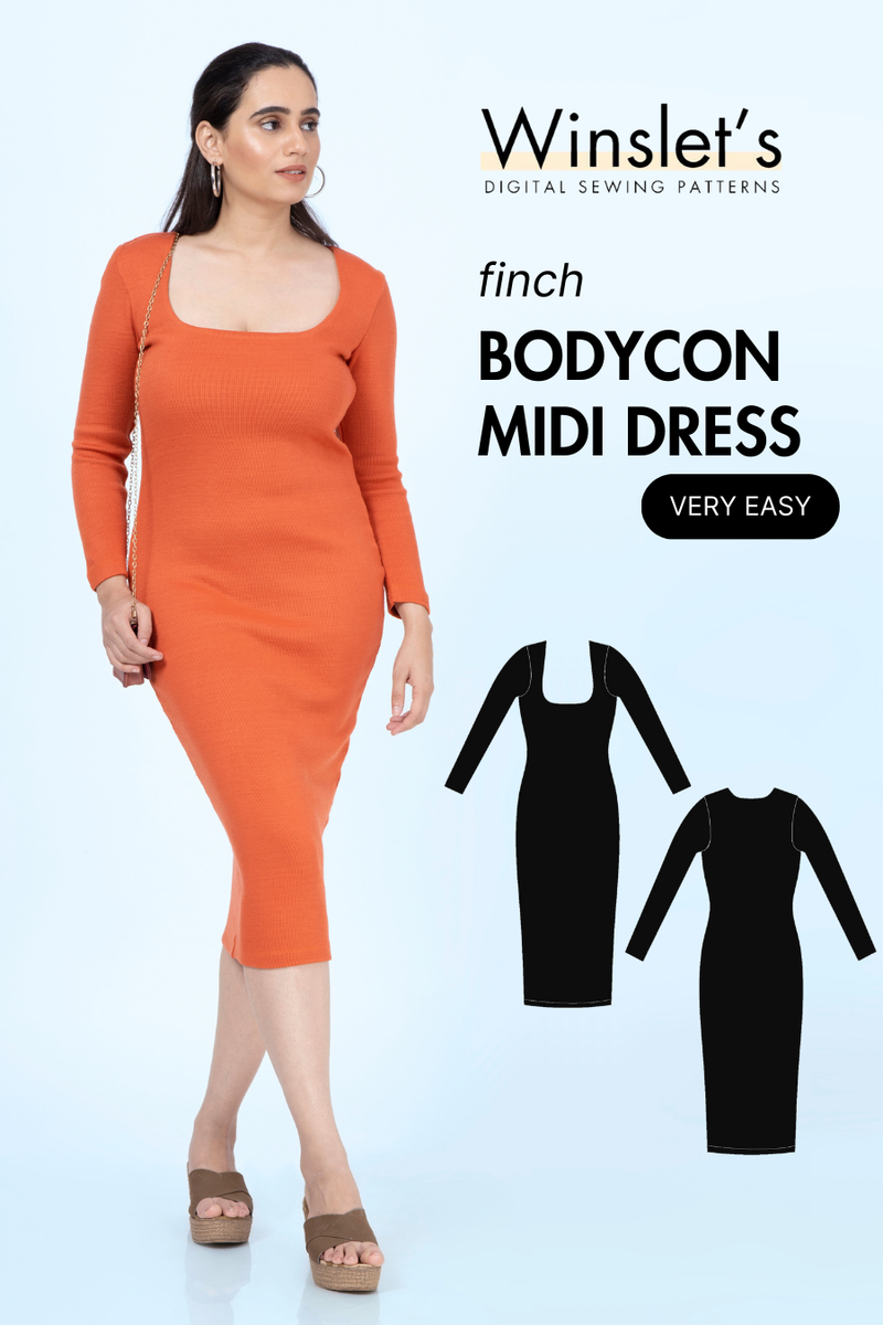 Bodycon Midi Dress PDF Women's Sewing Pattern | Long Sleeves | Square ...